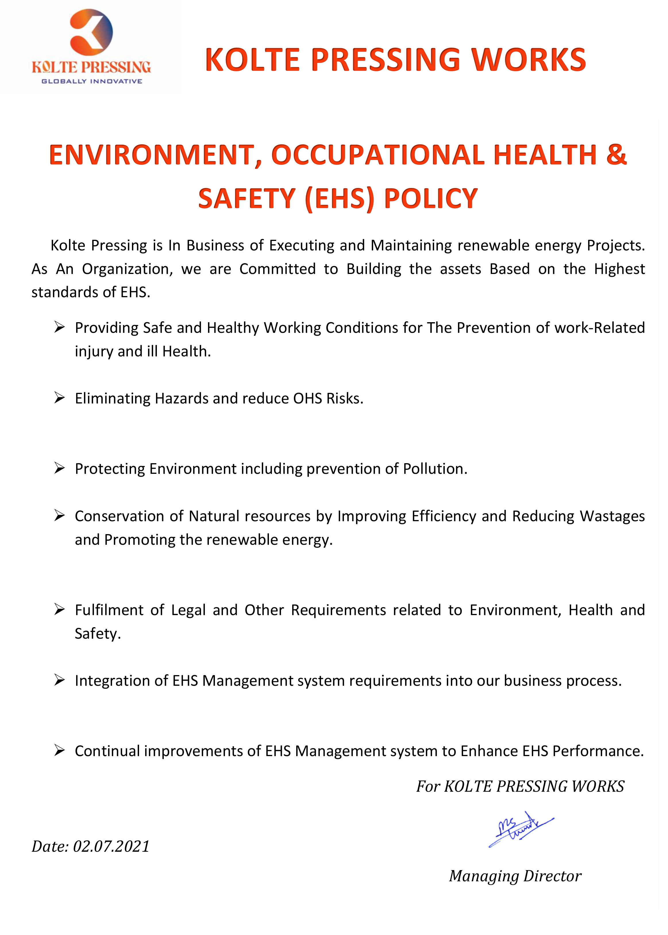 Quality Policy | Kolte Pressing Works